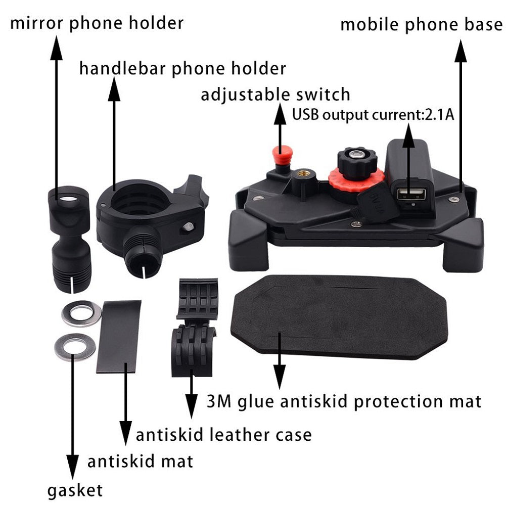 Motorcycle Cell Phone Mount Holder with USB Cable Charger Adapter 2.1A ...